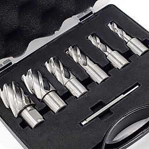 OSCARBIDE Annular Cutter Set 7 Pieces 3/4" Weldon Shank 1"Cutting Depth,1/2 to 1-1/16 inch Diameter,2 Flats Annular Cutters HSS Mag Drill Bits Kit for Magnetic Drill Press with 1 Pieces Pilot Pin