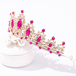 FORSEVEN Crystal Tiaras for Women, Wedding Tiaras and Crowns for Women Tiaras for Girls Birthday Party Princess Crown Hair Accessories Bride Rhinestone Headbands (Gold+Rose Red)