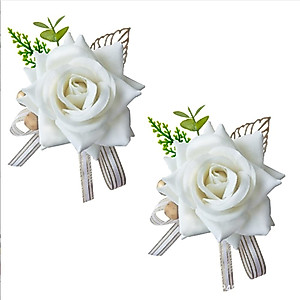 OUKEYI Rose Flower Wrist Corsage Boutonniere Set, Handmade Artificial Corsage Set, Bride Hand Flower Wristlet Band Bracelet and Men Boutonniere for Wedding Party Prom Decorations2PCS (White)
