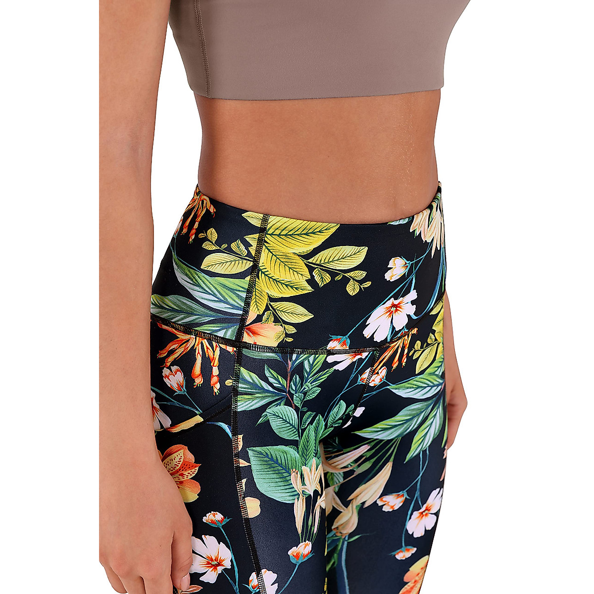 ODODOS Women's High Waisted Printed Yoga Capris with Pocket, Tummy Control Non See Through Workout Sports Running Athletic Capri Leggings, Tropical Flower, Large