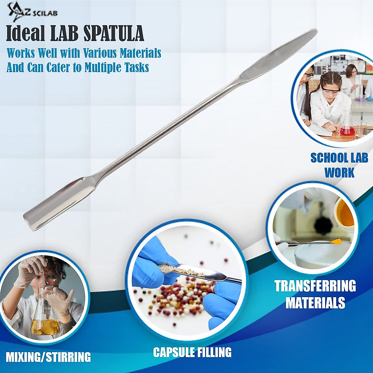 A2Z-DE008 Stainless Steel Double Ended Micro Lab Spatula Sampler, Semi Circle Scoop Spoon & Tapered Arrow End, 7" Length