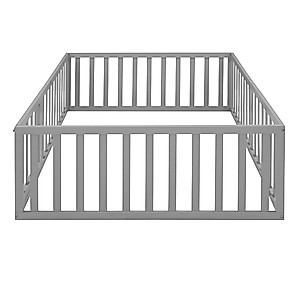 Harper & Bright Designs Full Size Floor Bed with Rails,Montessori Floor Bed Wood Frame with Fence and Door, for Kids Girls Boys-Gray