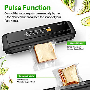 KOIOS Vacuum Sealer Machine, 86Kpa Automatic Vacuum Air food sealer/Built-in Cutter Starter Kit, Dry & Moist Food Preservation Modes, Pulse Function, LED Indicator Lights, Black
