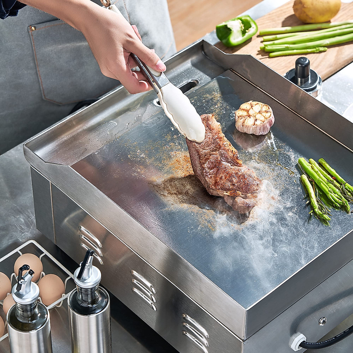 EGGKITPO 14 Inch Electric Griddle, Non-Stick Flat Top Grill Commercial Electric Countertop Griddles Stainless Steel Adjustable Temperature Control 90°F-575°F for Home or Restaurant Use