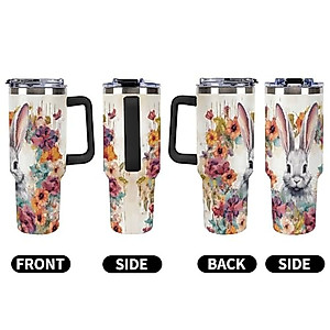 40 Oz Vacuum Tumbler with Black Handle Leakproof Insulated Tumbler Watercolor Rabbit And Flowers Stainless Steel Travel Mug with Lid And Straw Coffee Cup Cute Water Bottles Cup Holder Friendly