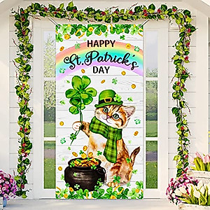 Happy St. Patrick's Day Door Cover Cute Cat Door Decoration Kitty with Green Hat Scarf Clover Shamrock Spring Door Banners Saint Patrick's Day Party Decors Irish Day Outdoor Party Backdrop for House