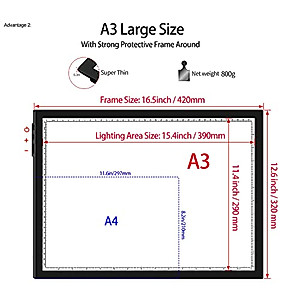 Light Board A3, 16.6×12.6inchs Light Pad, Side Button Design, 9 Levels/Stepless Dimming, Super Bright Light Box Widely for Tracing, Drawing, Weeding Vinyl, Diamond Painting etc