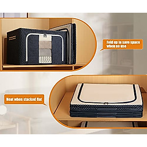 Furnhome Clothes Storage Organizer Bins Containers , Foldable Stackable Storage Bins-Oxford Cloth Steel Frame Storage Box for Clothing Storage with Foldable Clear Window & Reinforced Handles (Navy Dots, 66L, 3PCS)…