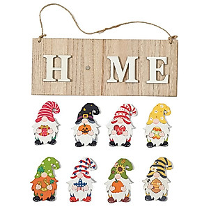 Gnome Sign Interchangeable Welcome Sign Home Door Sign Wooden Door Hanger Ornaments Home Sign Rustic Farmhouse with Interchangeable Holiday Pieces for Housewarming Garden Decor