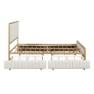 SIYSNKSI Full Size Metal Frame Upholstered Bed with 4 Drawers, Linen Fabric Platform Bed with Metal Slats Support and Headboard, Storage Platform Bed for Kids Teens Bedroom (Beige + Linen-C14)