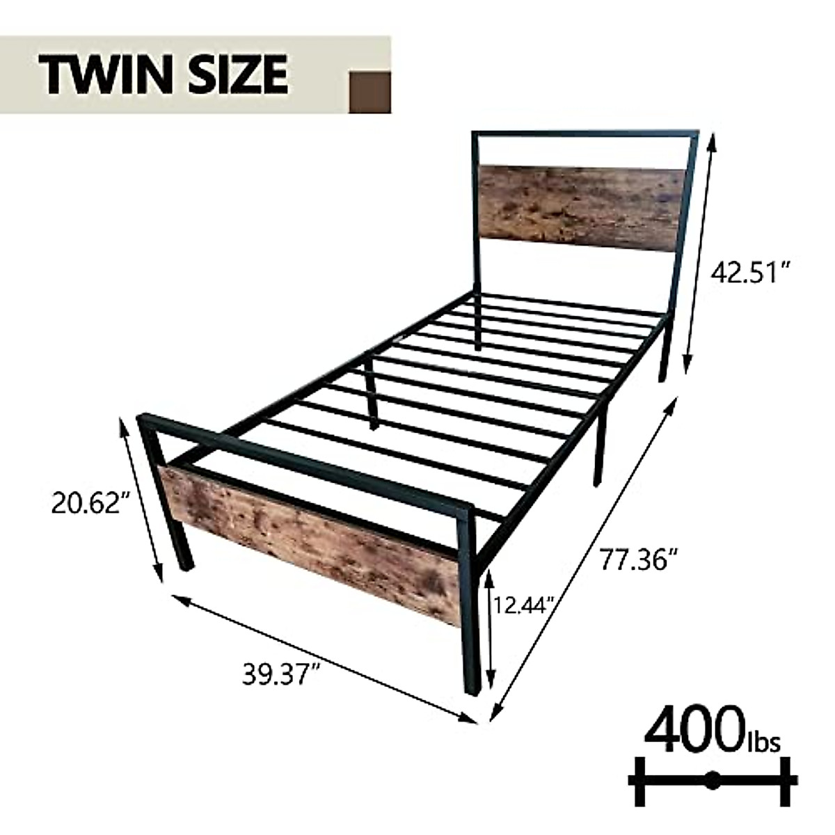 alazyhome Modern Industrial Twin Size Bed Frame Metal Platform with Rustic Wooden Headboard and Footboard, No Box Spring Needed, Noise Free, Easy Assembly Black