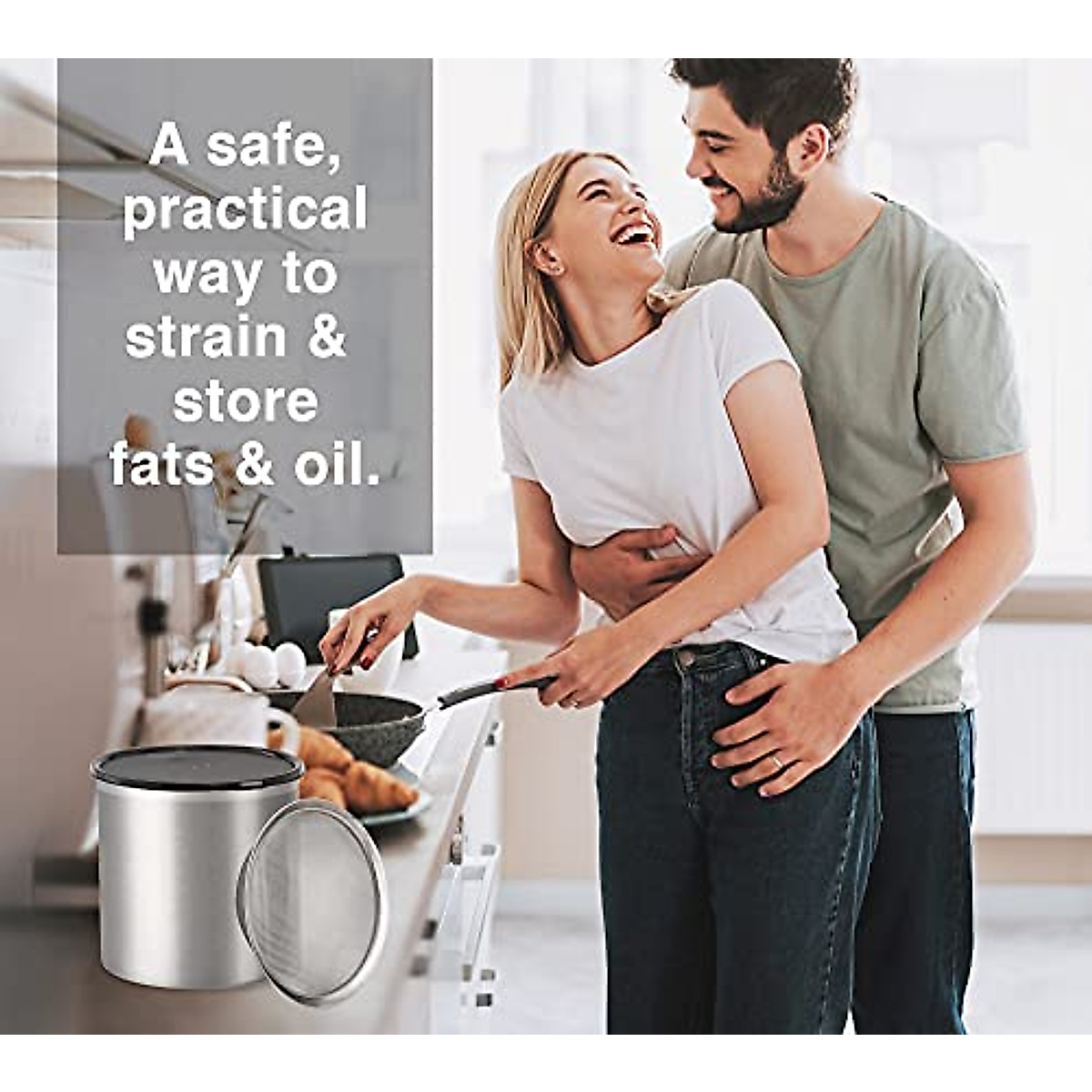 Oggi Stainless Steel Jumbo Grease Container with Removable Strainer and Snug Lid. Perfect container for fryer oil, bacon drippings, lard and ghee oil. Large capacity can - 1 Gall / 4 Qt / 3.75 Lt