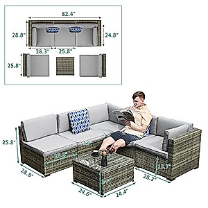 YITAHOME 6 Pieces Patio Furniture Set, Outdoor Sectional Sofa PE Rattan Wicker Conversation Set Outside Couch with Table and Cushions for Porch Lawn Garden Backyard, Grey