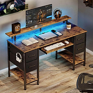 Seventable Computer Desk 47.2" with LED Lights & Power Outlets, Home Office Desk with 4 Drawers, Writing Desk with Keyboard Tray, Study Desk with Monitor Stand, Work Desk for Home Office, Rustic Brown