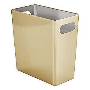 mDesign Stainless Steel Metal Rectangle Trash Can with Handles, 2.1 Gallon Wastebasket, Garbage Bin for Bathroom, Bedroom, Kitchen, or Home Office, Holds Waste/Recycles, Mirri Collection, Soft Brass