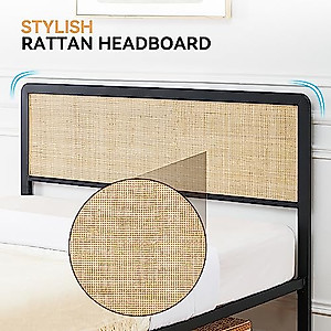 Alkmaar Queen Size Metal Bed Frame with Rattan Headboard and Footboard, Platform Bed Frame with Safe Rounded Corners, Under Bed Storage, Strong Metal Slat Support, No Box Spring Needed