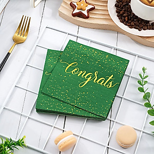 Whaline 80 Pack Graduation Paper Napkins 5 x 5 Inch Gold Foil Congrats Cocktail Napkins Green Graduation Party Disposable Beverage Napkins for Engagement Graduation Baby Shower Celebration Party
