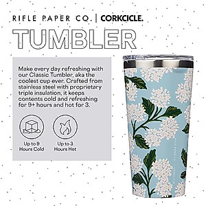 Corkcicle Tumbler Rifle Paper Co. Triple Insulated Stainless Steel Travel Mug, BPA Free, Keeps Beverages Cold for 9 Hours and Hot for 3 Hours, 16 oz, Hydrangea