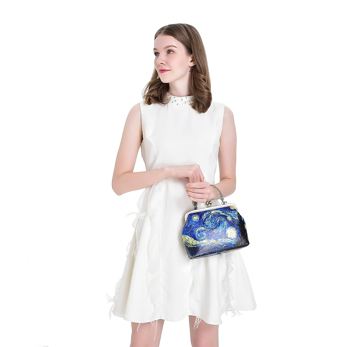 Rejolly Women Leather Vintage Handbag Kiss Lock Top Handle Evening Clutch Purse Shoulder Bag Van Gogh The Starry Night