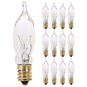 KOR (12 Pack) 7.5CFC/15/3 7.5W 120 Volt, Flame Candelabra Tip Chandelier Bulb, Clear CA5 Incandescent, Petite Decorative Lamp, E12 Candelabra Brass Plated Base, 40 Lumens, Dimmable.