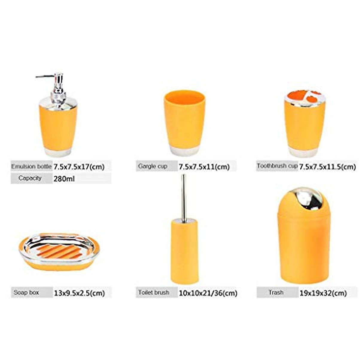 CNKOBE 6 Pcs Plastic Bathroom Accessory Set Luxury Bath Accessories Bath Set Lotion Bottles, Toothbrush Holder, Tooth Mug, Soap Dish, Toilet Brush, Trash Can, Rubbish Bin (Orange)