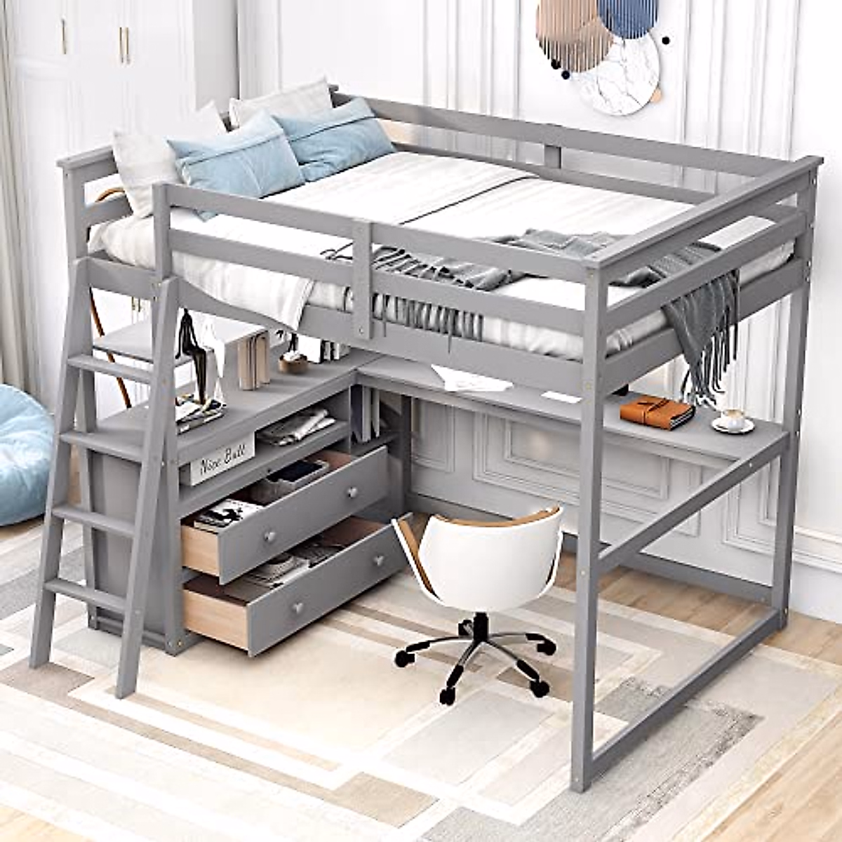 BIADNBZ Full Size Loft Bed with Long Desk and Shelves,Wooden Bedframe with Two Built-in Drawers for Bedroom,