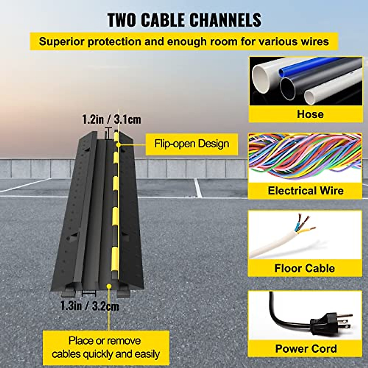 Happybuy 3 Pack of 2 Channel 11000lbs per Axle Capacity Protective Wire Cord Ramp Driveway Rubber Traffic Speed Bumps Cable Protector