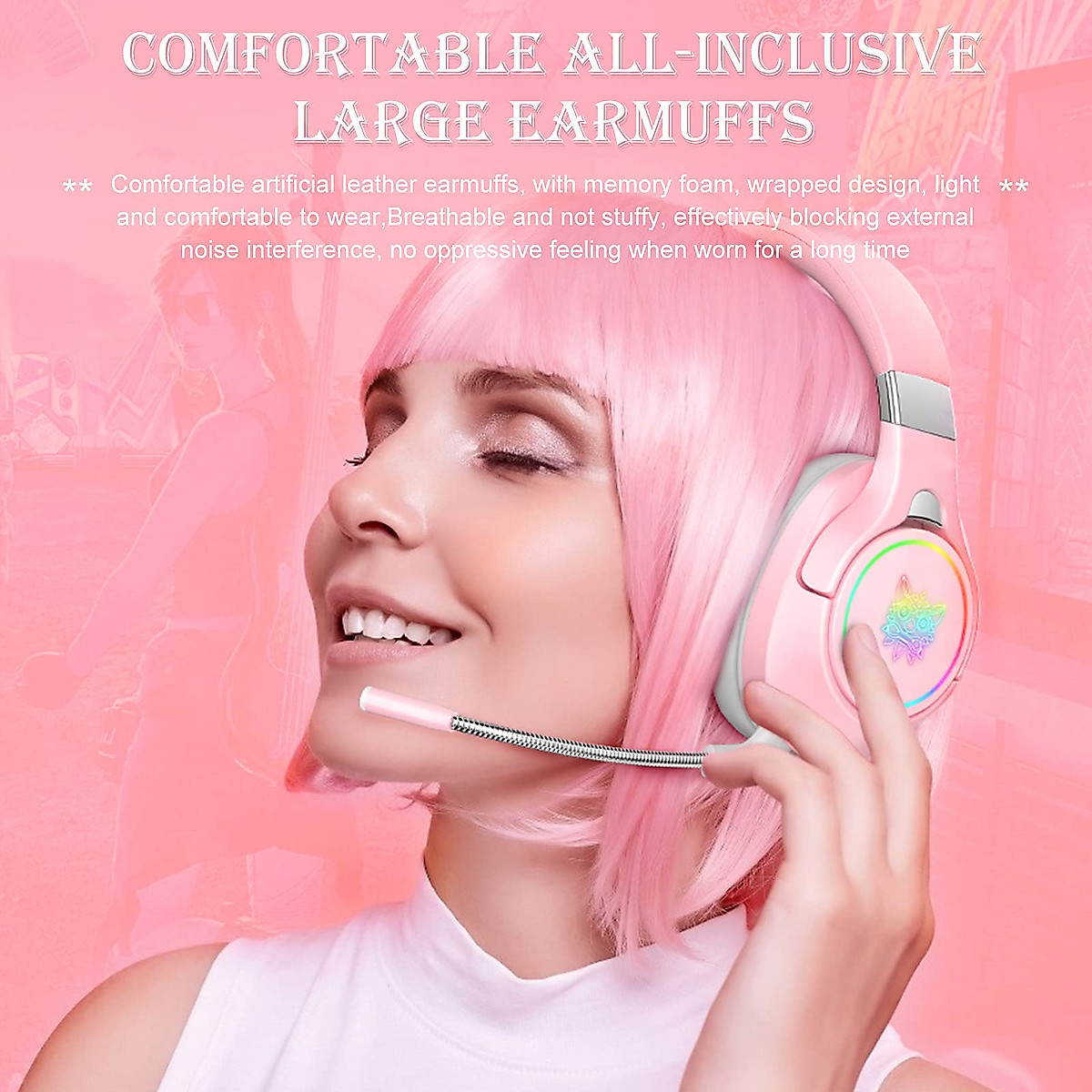 HOLULU Foldable Pink Gaming Headset Compatible with PS5 PS4 PC Mobile Phone Tablet Xbox One(Adapter Not Included), with Detachable Noise Canceling Mic, 3.5mm & USB C Plug, for Adults & Kids