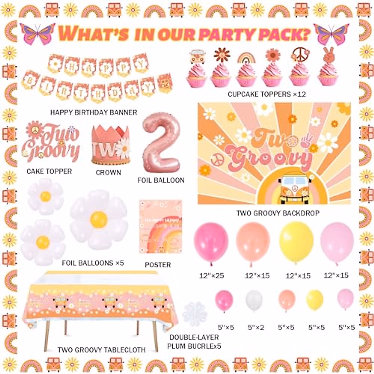 122 PCs Two Groovy Party Decorations, Fiesec Two Groovy Boho Daisy Hippie Second Birthday Party Backdrop Balloon Garland Banner Tablecloth Cake Cupcake Topper Crown Poster