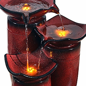 Teamson Home 3 Tiered Floor Water Glazed Pots Fountain with LED Lights and Pump for Outdoor Patio Garden Backyard Decking Décor, 20 inch Height, Gradient Red