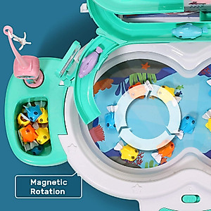 CUTE STONE Fishing Game Toys with Slideway,Electronic Toy Fishing Set with Magnetic Pond,10 Fish,3 Magnetic Dolphins,2 Toy Fishing Poles,Learning Educational Toys with Music Story for Kids Toddlers