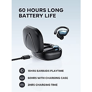 True Wireless Earbuds with Earhooks - 60hrs Battery Life Running Headphones Bluetooth 5.1 with LED Display - IPX7 Waterproof Wireless Earphones with Charging case for Sport, Running