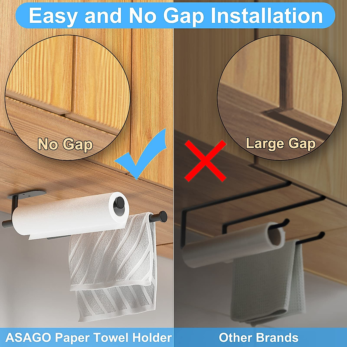 Paper Towel Holder 2 Pack, Under Cabinet Paper Towel Holder Wall Mount, Self Adhesive or Drilling Kitchen Towel Holder, SUS304 Stainless Steel Paper Towel Holder for Kitchen Bathroom RV Blcak