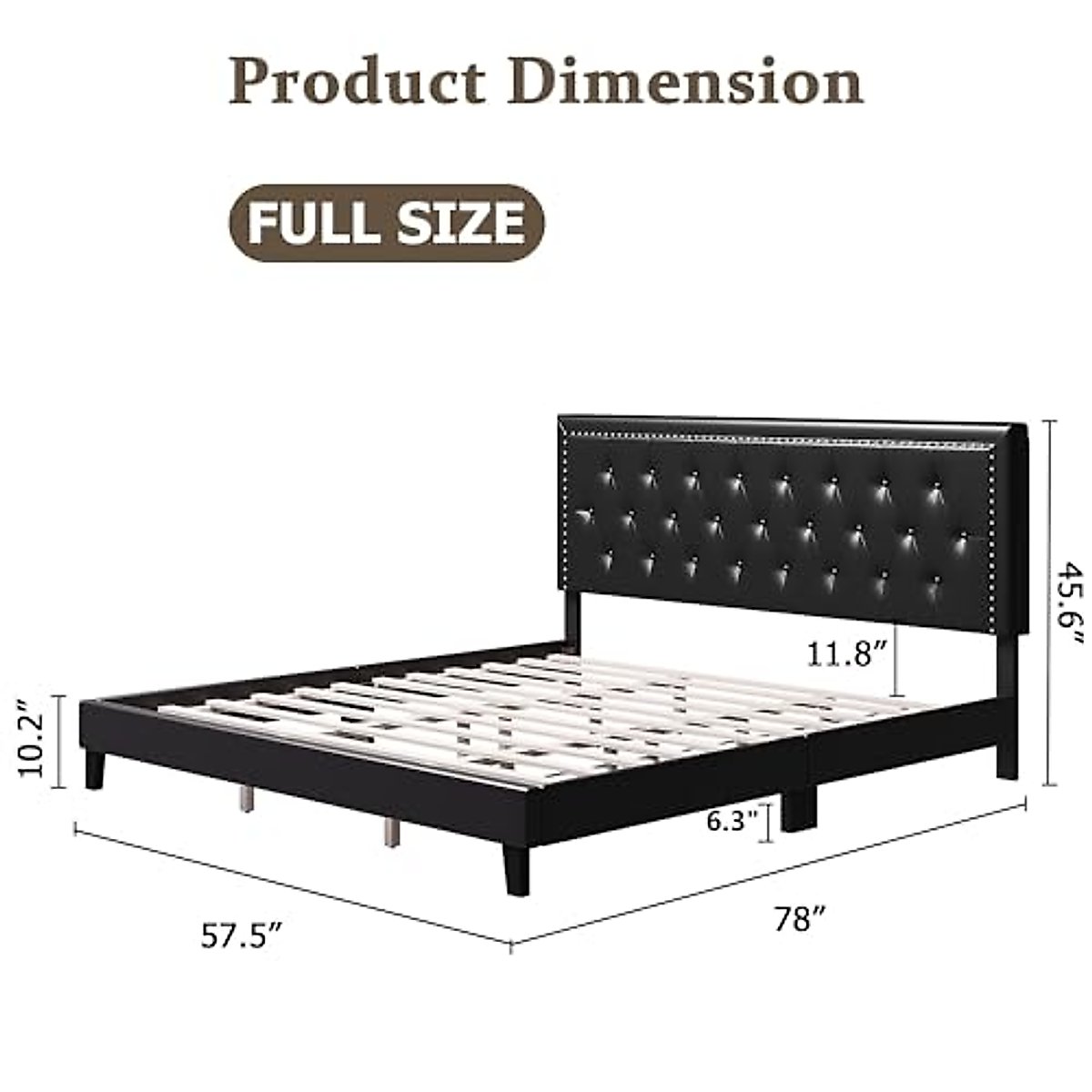 Homhougo Full Size Bed Frame with Adjustable Headboard, Upholstered Platform Bed with Button Tufted Faux Leather Headboard, Wood Slat Support, Noise-Free, No Box Spring Needed, Easy Assembly, Black
