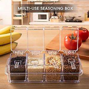 XJMWXHFC Clear Seasoning Box, 4 Pieces Seasoning Rack Spice Pots, Storage Container Condiment Jars Acrylic Seasoning Box with Covers and Spoons for Spice, Sugar, Salt, Sugar, Cardamon, Cinnamon