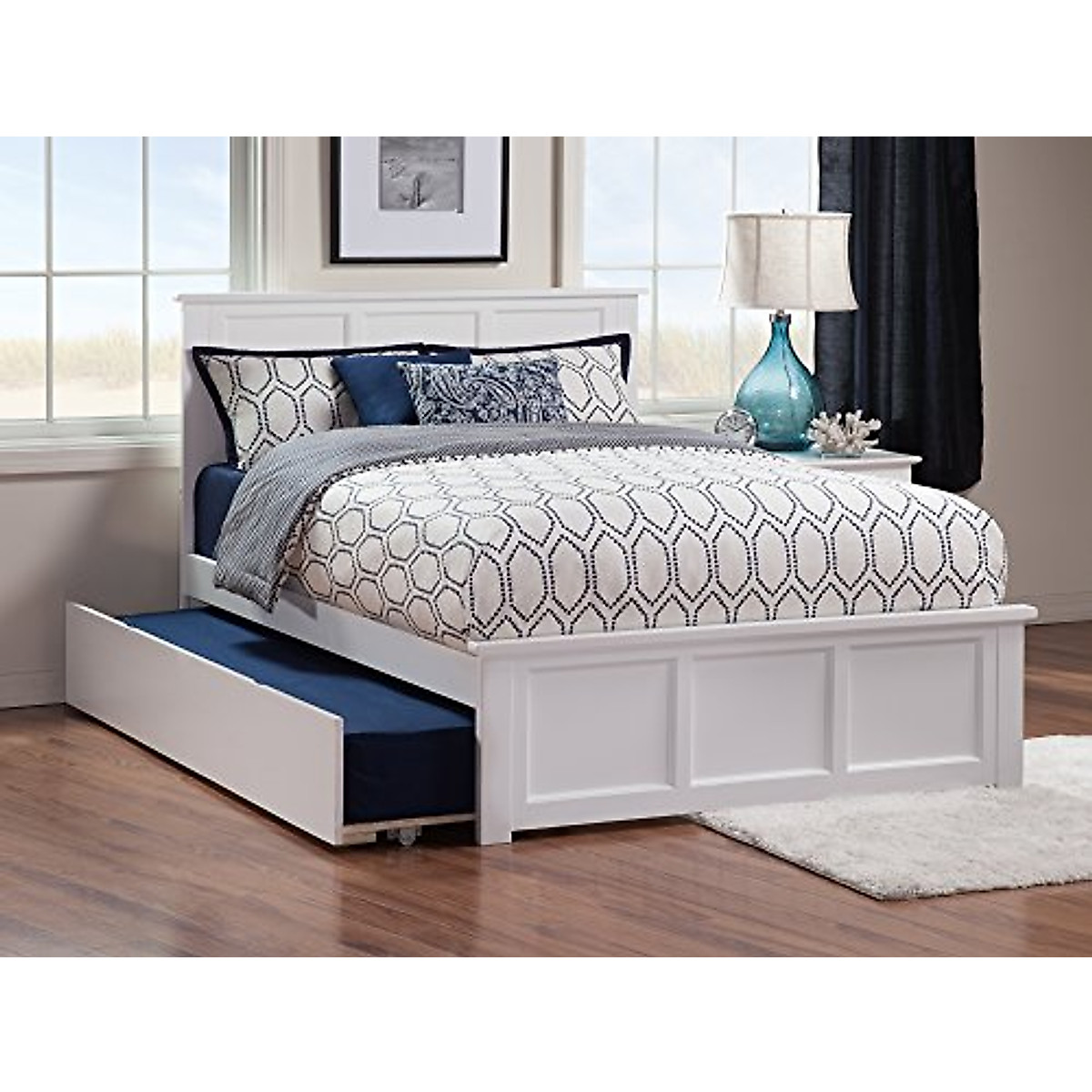 AFI Madison Queen Platform Bed with Matching Footboard and Turbo Charger with Twin Extra Long Trundle in White