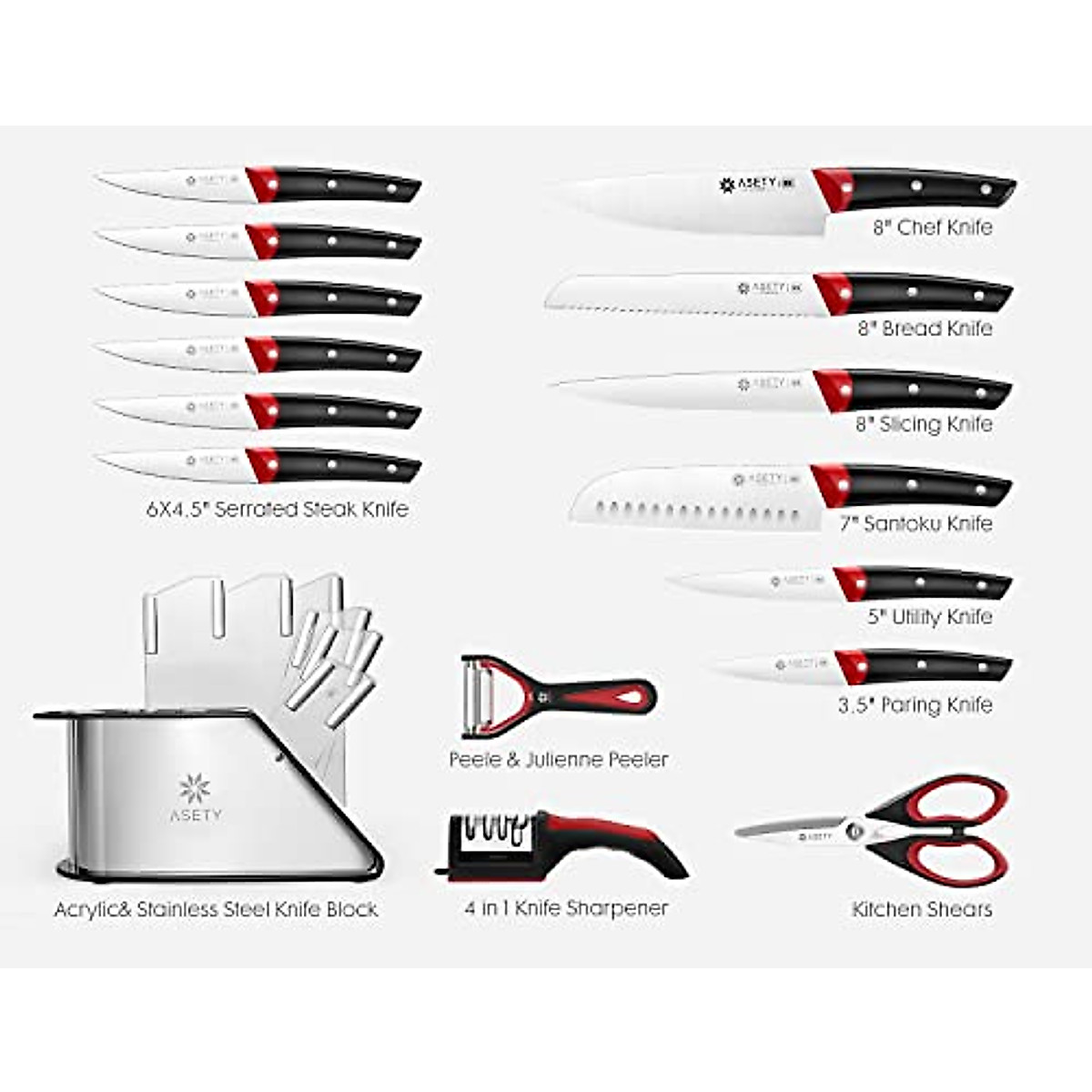 ASETY Kitchen Knife Set with Block- NSF Food-Safe 17 PCS Modern Knives Full Tang German Stainless Steel Chef Knife Set with 4-in-1 Knife Sharpener and 2x Peeler- Ergonomic Handle and Gift Box