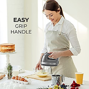 Mueller Electric Hand Mixer, 5 Speed 250W Turbo with Snap-On Storage Case and 4 Stainless Steel Accessories for Easy Whipping, Mixing Cookies, Brownies, Cakes, and Dough Batters