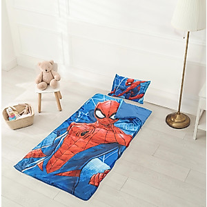 Jay Franco Marvel Spiderman 3 Piece Sleepover Set - Cozy & Warm Kids Slumber Bag with Pillow & Eye Mask (Official Marvel Product)
