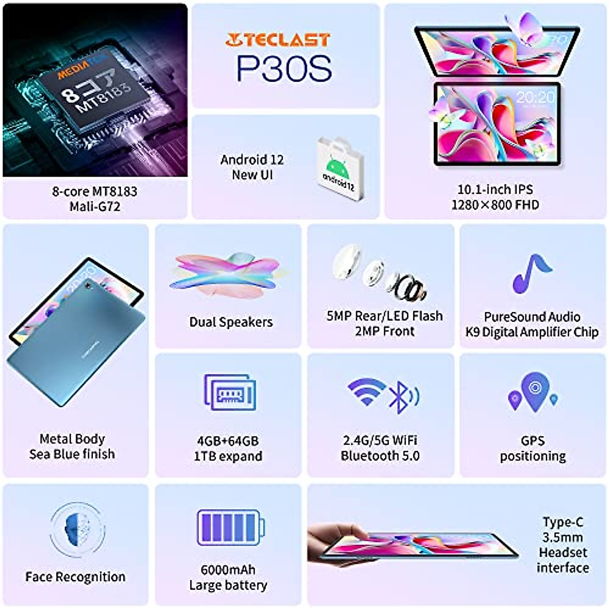 TECLAST Android 12 Tablet 10 inch, Tablets P30S 4GB RAM+64GB ROM(TF 1TB), 8-Core Processor 2.0GHz, 2.4G&5G WiFi Tablet, Face Recognition, Dual Cameras, BT5.0, GPS, Google GMS Certified
