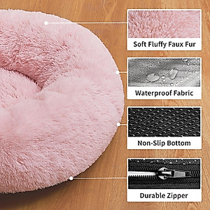 OhGeni Calming Donut Dog & Cat Bed, Machine Washable Plush Warming Bed, Anti-Slip Round Cuddle Comfort Pet Bed, Cozy Fluffy Faux Fur Bed for Small Dogs, Pink, 20 inches