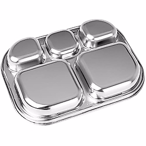 Stainless Steel Divided Plates Tray, 5 Section, Kids Toddlers Babies Small Size, Compact Serving Platter, Dinner Snack, Camping Dishes (2 Pack)