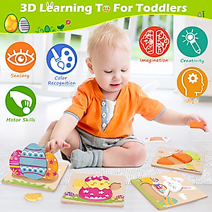 Easter Toys Gifts for Kids Toddlers - 4 Pack Wooden Puzzles with Rabbits, Carrots, Chicks, Eggs Design, Easter Party Favors for Boys Girls, Kids Classroom Exchange Gifts - Educational Preschool Toys