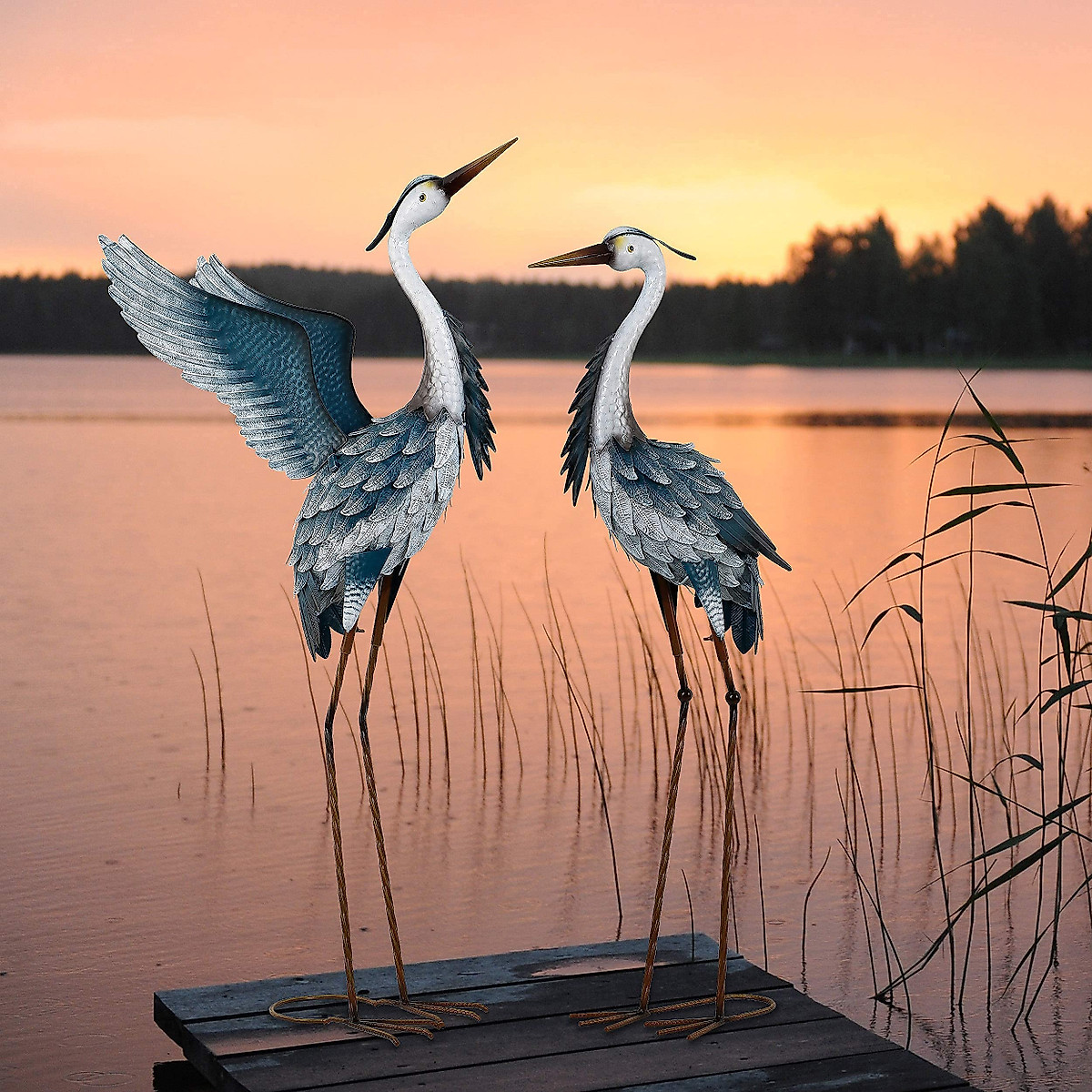 TERESA'S COLLECTIONS Solar Lantern and Metal Heron Decor Bundle(2PCS) | Blue Heron Outdoor Lantern with Solar Powered Lights and Heron Decor for Home Garden Patio Lawn Yard Decor