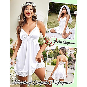 Avidlove Women Satin Lingerie Nightgown Sexy Silk Nighty Lace Babydoll Chemise White M