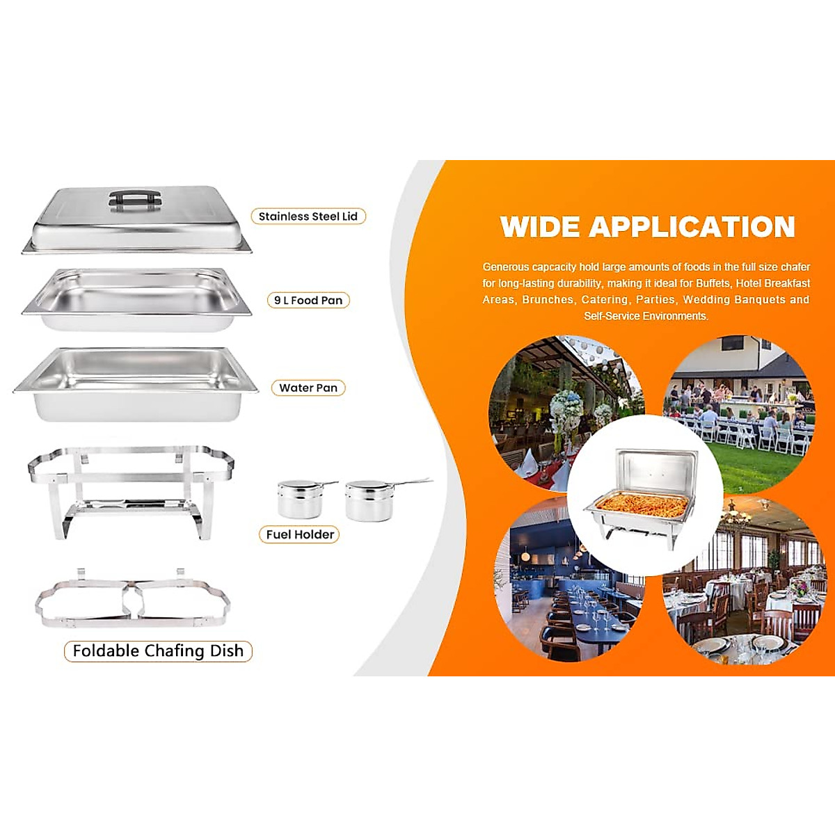4 Packs Chafing Dish Buffet Set: 9 QT Stainless Steel Buffet Servers - 9 Quart Food Warmer with Fuel Holder & Water Pan - Complete Chafer Set for Parties Wedding Banquet Catering Event