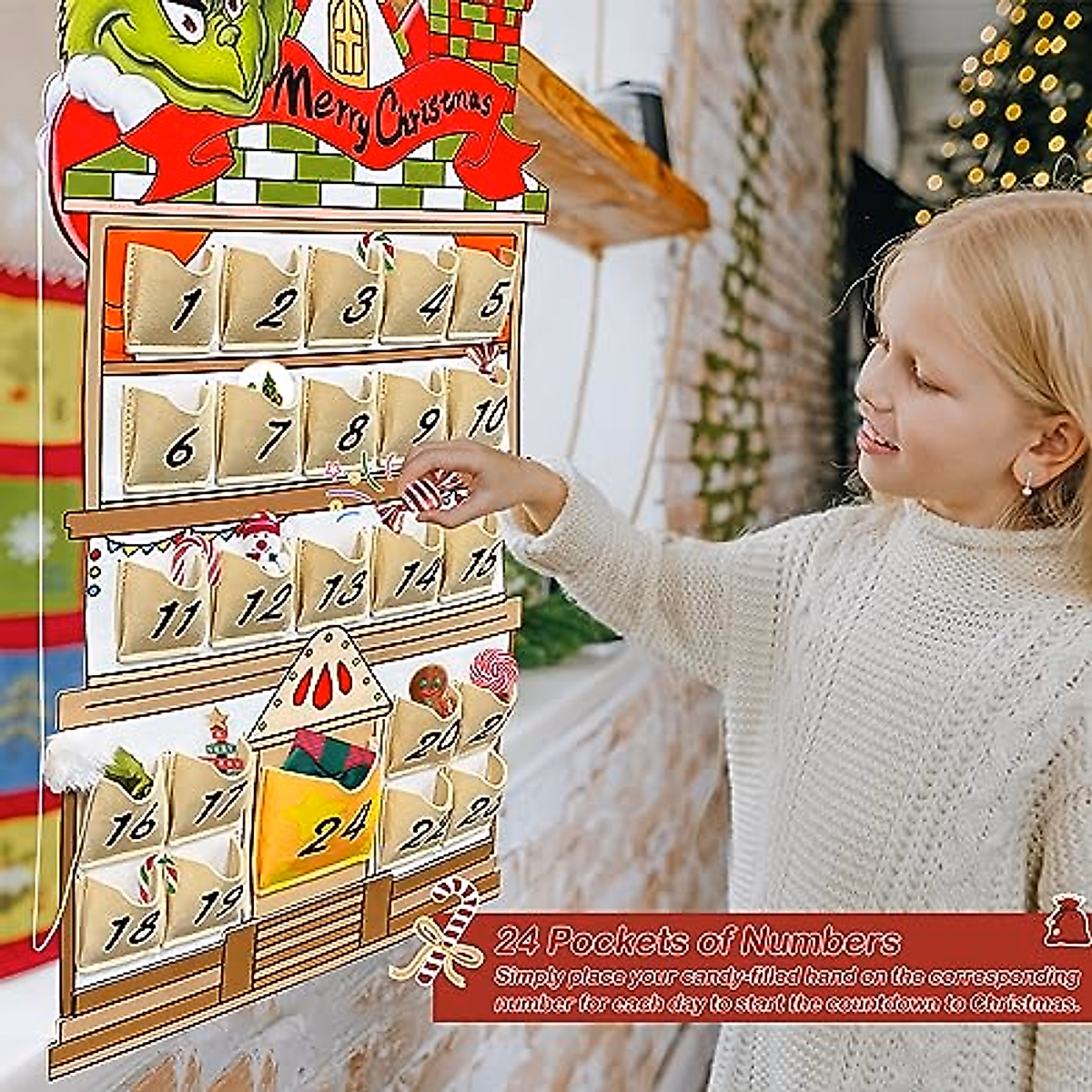 KOUPA Hanging Christmas Countdown Advent Calendar, Santa Grinch Green Haired Monster Decoration, Reusable Xmas Gift for Holiday Party Winter
