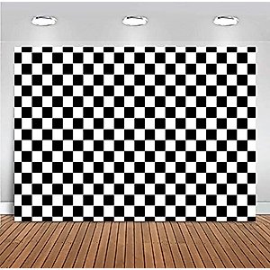 Cosplay Party Banner Checkered Flag Photography Backdrop Vinyl 7x5ft Photo Background White and Black Racing Checker Texture Grid Birthday Chess Board Decoration Supplies Photo Booth Studio Props
