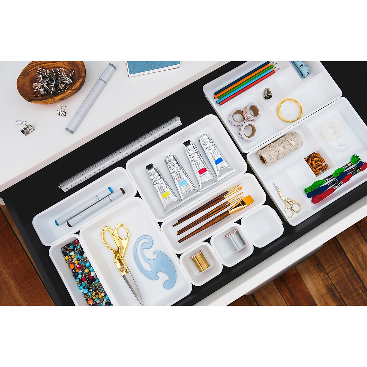 Madesmart Set of 2 Plastic 6-Compartment Drawer Organizer Gadget Trays, Multipurpose Storage Bins for Drawers, White