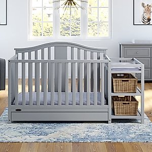 Graco Solano 4-in-1 Convertible Crib and Changer with Drawer (Pebble Gray) – Crib and Changing -Table Combo with Drawer, Includes Changing Pad, Converts to Toddler Bed, Daybed and Full-Size Bed